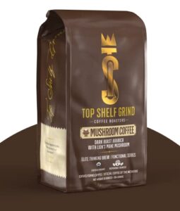 mushroom coffee – ground dark roast organic lions mane coffee for super human focus, memory & concentration – high caffeine arabica brain booster – strong nootropic energy for peak performance