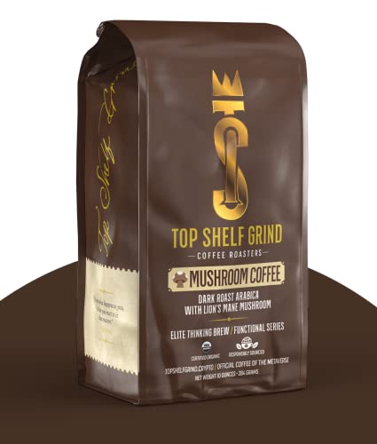 Mushroom Coffee – Ground Dark Roast Organic Lions Mane Coffee for Super Human Focus, Memory & Concentration – High Caffeine Arabica Brain Booster – Strong Nootropic Energy for Peak Performance