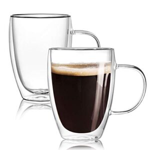 2-pack 12 oz double walled glass coffee mugs with handle,insulated layer coffee cups,clear borosilicate glass mugs,perfect for cappuccino,tea,latte,espresso,hot beverage