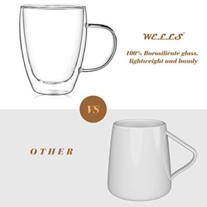 2-Pack 12 Oz Double Walled Glass Coffee Mugs with Handle,Insulated Layer Coffee Cups,Clear Borosilicate Glass Mugs,Perfect for Cappuccino,Tea,Latte,Espresso,Hot Beverage