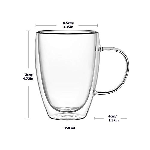 2-Pack 12 Oz Double Walled Glass Coffee Mugs with Handle,Insulated Layer Coffee Cups,Clear Borosilicate Glass Mugs,Perfect for Cappuccino,Tea,Latte,Espresso,Hot Beverage