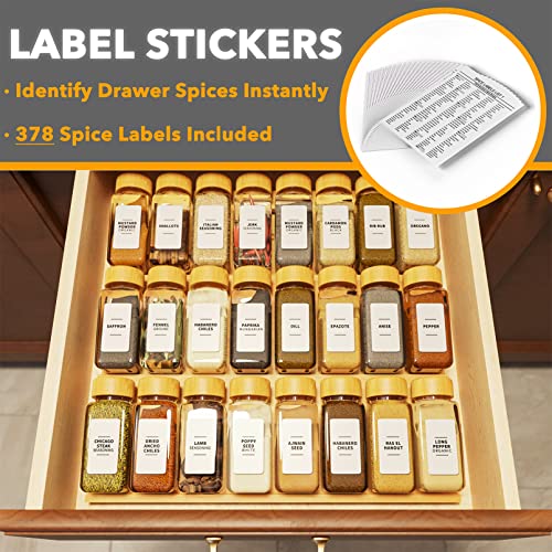 SpaceAid Bamboo Spice Drawer Organizer with 24 Spice Jars, 378 White Minimalist Spice Labels, 3 Tier Seasoning Rack Tray Insert for Kitchen Drawers, 15" Wide x 15" Deep x 2.6" Tall