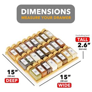 SpaceAid Bamboo Spice Drawer Organizer with 24 Spice Jars, 378 White Minimalist Spice Labels, 3 Tier Seasoning Rack Tray Insert for Kitchen Drawers, 15" Wide x 15" Deep x 2.6" Tall