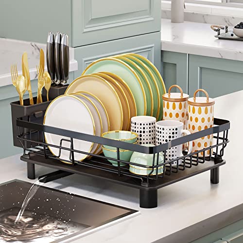 AIDERLY Dish Drying Rack with Drainboard Dish Drainers for Kitchen Counter Sink Adjustable Spout Dish Strainers with Utensil Holder and Knife Slots, Black