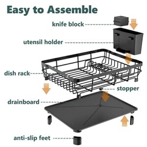 AIDERLY Dish Drying Rack with Drainboard Dish Drainers for Kitchen Counter Sink Adjustable Spout Dish Strainers with Utensil Holder and Knife Slots, Black