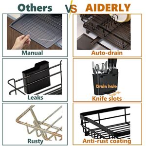 AIDERLY Dish Drying Rack with Drainboard Dish Drainers for Kitchen Counter Sink Adjustable Spout Dish Strainers with Utensil Holder and Knife Slots, Black