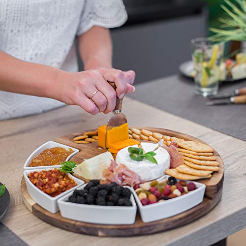 Cheese Board Set - Charcuterie Board Set and Cheese Serving Platter - Made from Acacia Wood - US Patented 13 inch Cheese Cutting Board and Knife Set for Entertaining and Serving - 4 Knives and 4 Bowls