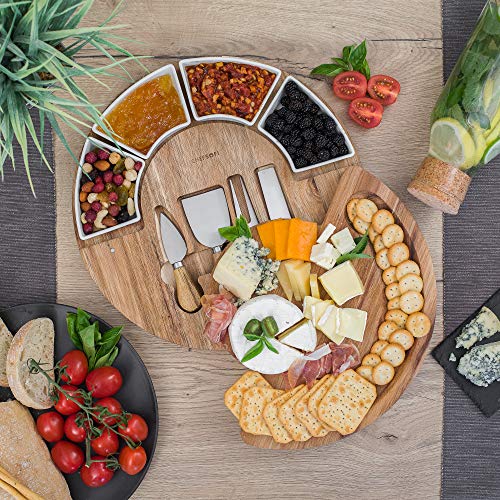 Cheese Board Set - Charcuterie Board Set and Cheese Serving Platter - Made from Acacia Wood - US Patented 13 inch Cheese Cutting Board and Knife Set for Entertaining and Serving - 4 Knives and 4 Bowls