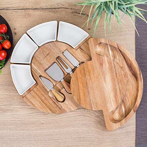 Cheese Board Set - Charcuterie Board Set and Cheese Serving Platter - Made from Acacia Wood - US Patented 13 inch Cheese Cutting Board and Knife Set for Entertaining and Serving - 4 Knives and 4 Bowls