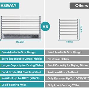 JASIWAY Roll Up Dish Drying Rack, Expandable 304 Stainless Steel Portable Over The Sink Dish Drainer for Kitchen Sink Counter, Foldable Sink Cover with Removable Utensil Holder(12.8"-23.3")