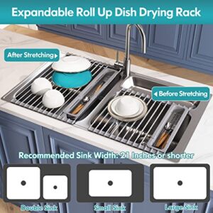 JASIWAY Roll Up Dish Drying Rack, Expandable 304 Stainless Steel Portable Over The Sink Dish Drainer for Kitchen Sink Counter, Foldable Sink Cover with Removable Utensil Holder(12.8"-23.3")