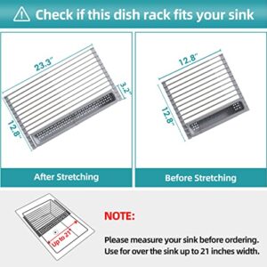 JASIWAY Roll Up Dish Drying Rack, Expandable 304 Stainless Steel Portable Over The Sink Dish Drainer for Kitchen Sink Counter, Foldable Sink Cover with Removable Utensil Holder(12.8"-23.3")