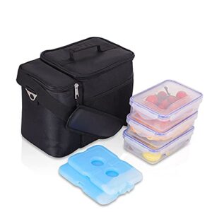 Lunch Box for Men,Women, Insulated Lunch Bag Set, Includes 3 Reusable Meal Prep Containers + 2 Ice Pack, Leakproof Thermal Lunch Box with Detachable Shoulder Strap for Office Work, Camping, School