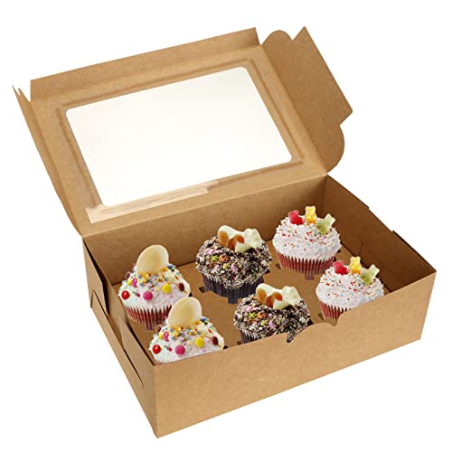 Jucoan 50 Pack Kraft Cupcake Box with Insert and Window Hold 6 Standard Cupcake, Food Grade Cupcake Carrier Container, Brown Bakery Box for Pastry, Cookies, Small Cake, Desserts Treat.