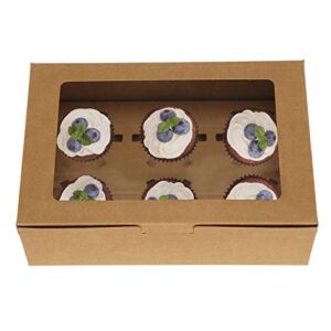 Jucoan 50 Pack Kraft Cupcake Box with Insert and Window Hold 6 Standard Cupcake, Food Grade Cupcake Carrier Container, Brown Bakery Box for Pastry, Cookies, Small Cake, Desserts Treat.