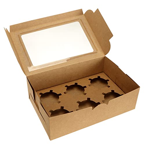 Jucoan 50 Pack Kraft Cupcake Box with Insert and Window Hold 6 Standard Cupcake, Food Grade Cupcake Carrier Container, Brown Bakery Box for Pastry, Cookies, Small Cake, Desserts Treat.