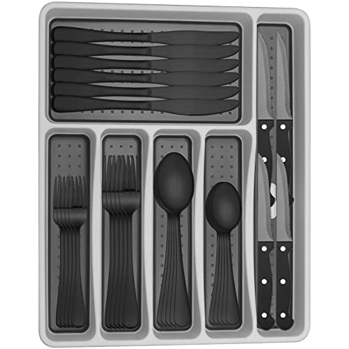 Black Silverware Set, Umite Chef 49-Piece Flatware Set with Drawer Organizer, Durable Stainless Steel Cutlery Set for 8, Tableware Eating Utensils with Steak Knives, Utensil Sets for Home Restaurant