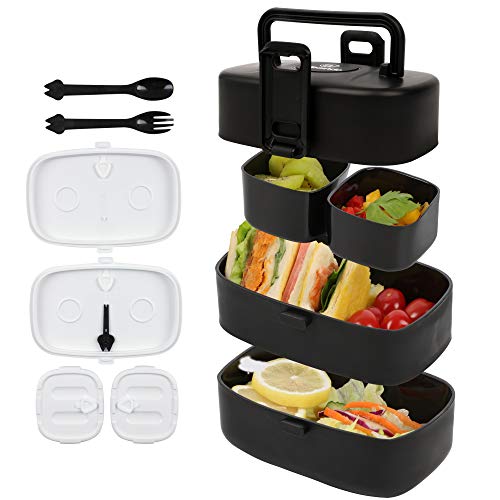 Wagindd Bento Box - Leak-Proof Stacking Lunch Boxes with 4 Compartments - BPA-Free, Dishwasher & Microwave Safe Toddler & Adult Lunchbox, Lunch Containers For Kids And Adults (Black Handle)