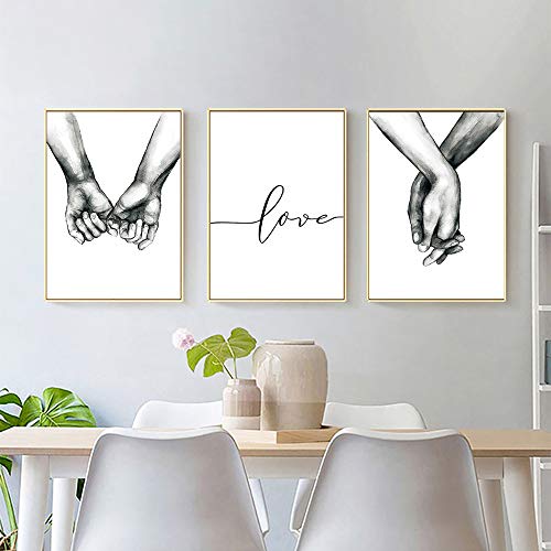 Kiddale Love and Hand in Hand Wall Art Canvas Print Poster,Simple Fashion Black and White Sketch Art Line Drawing Decor for Home Living Room Bedroom Office(Set of 3 Unframed, 16x20 inches)