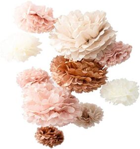 vidal crafts 20 pcs dusty pink, rose gold, ivory, pastel grey, tissue paper pom poms kit, 14″, 10″, 8″, 6″, tissue paper flowers for wedding, birthday, bridal shower, bachelorette, baby shower décor