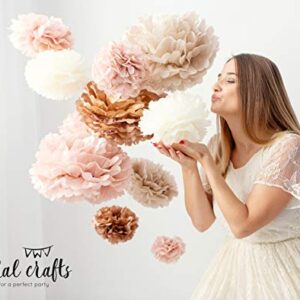 Vidal Crafts 20 PCS Dusty Pink, Rose Gold, Ivory, Pastel Grey, Tissue Paper Pom Poms Kit, 14", 10", 8", 6", Tissue Paper Flowers for Wedding, Birthday, Bridal Shower, Bachelorette, Baby Shower Décor