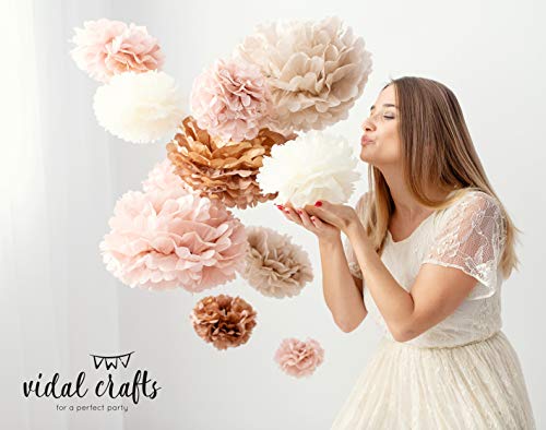 Vidal Crafts 20 PCS Dusty Pink, Rose Gold, Ivory, Pastel Grey, Tissue Paper Pom Poms Kit, 14", 10", 8", 6", Tissue Paper Flowers for Wedding, Birthday, Bridal Shower, Bachelorette, Baby Shower Décor