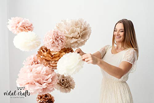 Vidal Crafts 20 PCS Dusty Pink, Rose Gold, Ivory, Pastel Grey, Tissue Paper Pom Poms Kit, 14", 10", 8", 6", Tissue Paper Flowers for Wedding, Birthday, Bridal Shower, Bachelorette, Baby Shower Décor