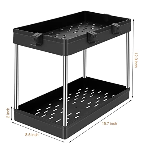 Piashow Under Sink Organizer, 2-Tier Under Sink Storage Organizer, Bath Collection Basket with 4 Hooks, Multi-purpose Bathroom Standing Rack, Storage Shelf for Kitchen (Black)