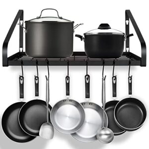 g-ting hanging pot rack, pot and pan organizer wall mounted pots holder kitchen storage shelf with 8 hooks, ideal for pans set, utensils, cookware, books, household, black, 2 diy methods