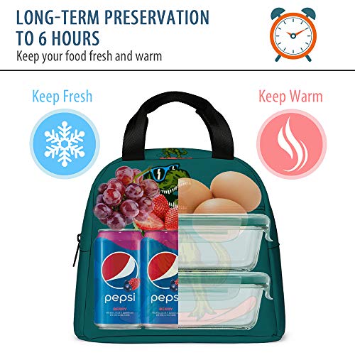 YCGRE Dinosaur Lunch Bag, Reusable Cute Lunch Box Insulated Kids Cooler Tote Bag Multi-functional School Lunch Container for Teen Boys Girls (Dark Cyan)