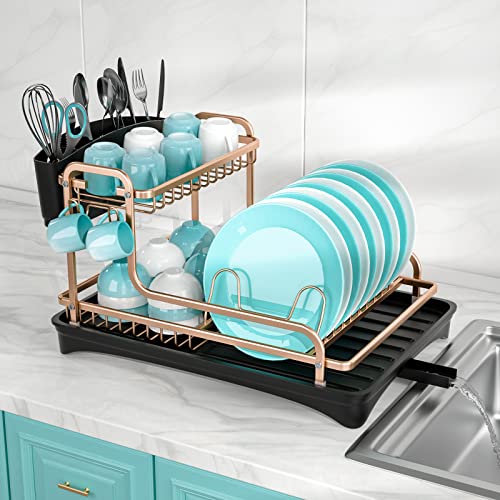 Beacron Dish Drying Rack, 2 Tier Dish Racks Drainboard Set for Kitchen Counter with Swivel Spout, Rustproof Aluminum Dish Drainer Compatible with Utensil Holder, Cup Holder (Rose Gold)