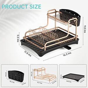 Beacron Dish Drying Rack, 2 Tier Dish Racks Drainboard Set for Kitchen Counter with Swivel Spout, Rustproof Aluminum Dish Drainer Compatible with Utensil Holder, Cup Holder (Rose Gold)