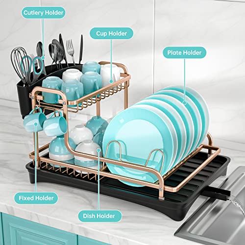 Beacron Dish Drying Rack, 2 Tier Dish Racks Drainboard Set for Kitchen Counter with Swivel Spout, Rustproof Aluminum Dish Drainer Compatible with Utensil Holder, Cup Holder (Rose Gold)