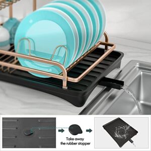 Beacron Dish Drying Rack, 2 Tier Dish Racks Drainboard Set for Kitchen Counter with Swivel Spout, Rustproof Aluminum Dish Drainer Compatible with Utensil Holder, Cup Holder (Rose Gold)