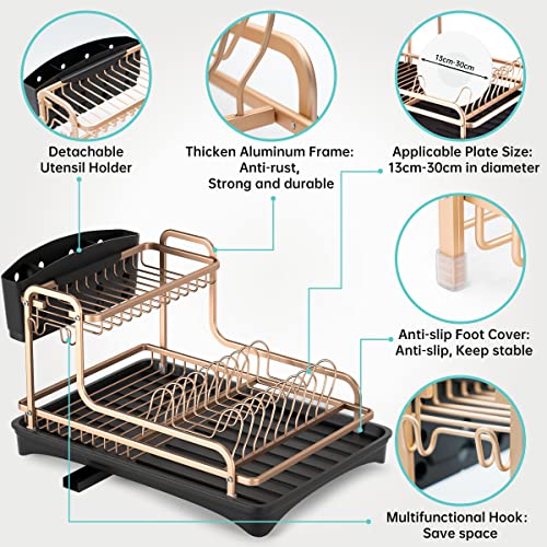 Beacron Dish Drying Rack, 2 Tier Dish Racks Drainboard Set for Kitchen Counter with Swivel Spout, Rustproof Aluminum Dish Drainer Compatible with Utensil Holder, Cup Holder (Rose Gold)