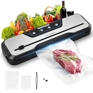 vacuum sealer machine with starter kit, beelicious 8-in-1 powerful food vacuum sealer, with pulse function, moist&dry mode and external vac for jars and containers | build-in cutter | led indicator | quiet operation | easy to clean | slim compact design |