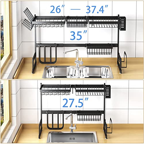 PUSDON Over Sink Dish Drying Rack (26"-37"), Adjustable Large Dish Drainer for Storage Kitchen Counter Organization, 2 Tier Stainless Steel Over Sink Dish Rack Display (Black, Sink Size≤37inch)