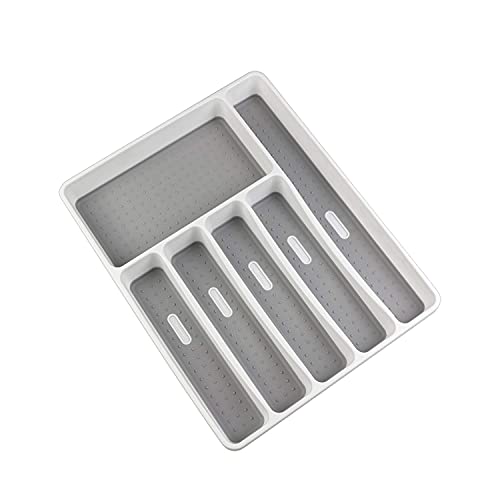 LeMuna Silverware Tray for Drawer, Plastic Cutlery Tray Kitchen Drawer Organizer, 6 Compartment Flatware Cutlery Organizer, Soft-Grip Lining and Non-Slip Rubber Feet