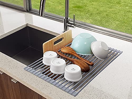 Zulay Kitchen Extra Large Roll Up Dish Drying Rack- Heavy Duty Silicone Wrapped Steel Rods Over Sink Dish Drying Rack - Versatile Roll Up Sink Drying Rack & Trivet (Gray),20.5 inches x 13 inches