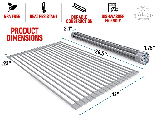 Zulay Kitchen Extra Large Roll Up Dish Drying Rack- Heavy Duty Silicone Wrapped Steel Rods Over Sink Dish Drying Rack - Versatile Roll Up Sink Drying Rack & Trivet (Gray),20.5 inches x 13 inches