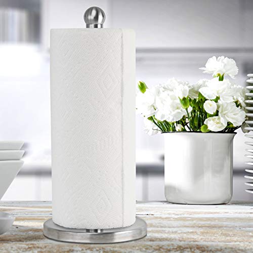 Stainless Steel Kitchen Paper Towel Holder Dispenser - Weighted Base - Sturdy, Durable, Rust-Proof - Single Easy One-Handed Tear - Fits Standard or Jumbo-Sized Rolls