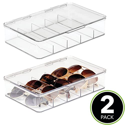 mDesign Plastic Stackable Eyeglass Case Storage Organizer with Hinged Lid for Unisex Sunglasses, Reading Glasses, Fashion Eye Wear, Protective Glasses, 5 Sections, Ligne Collection - 2 Pack - Clear