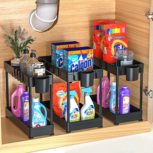 Mifine 3 Pack Under Sink Organizers and Storage, 2-Tier Organizer with 12 Hooks and 3 Hanging Cups, Sturdy Multi-Purpose Storage Baskets for Bathroom Kitchen Countertop Pantry Cabinets Laundry Room