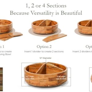 BlackRidge Home 12 inch Acacia Wood Large Lazy Susan Organizer with Removable Dividers, 1, 2 or 4 Sections, Wooden Lazy Susan for Table, Wood Lazy Susan Turntable, Kitchen, Cabinet, Counter or Pantry