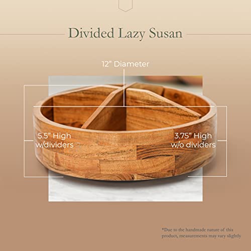 BlackRidge Home 12 inch Acacia Wood Large Lazy Susan Organizer with Removable Dividers, 1, 2 or 4 Sections, Wooden Lazy Susan for Table, Wood Lazy Susan Turntable, Kitchen, Cabinet, Counter or Pantry