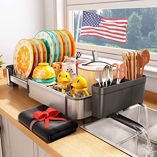 Dish Drying Rack, Kitchen Counter Dish Drainer Rack Auto-Drain, Expandable (14.8 to 22.2 inch) Rustproof Aluminium Large Sink Dish Strainer with Dish Drying Mat and Utensil Holder, Silver