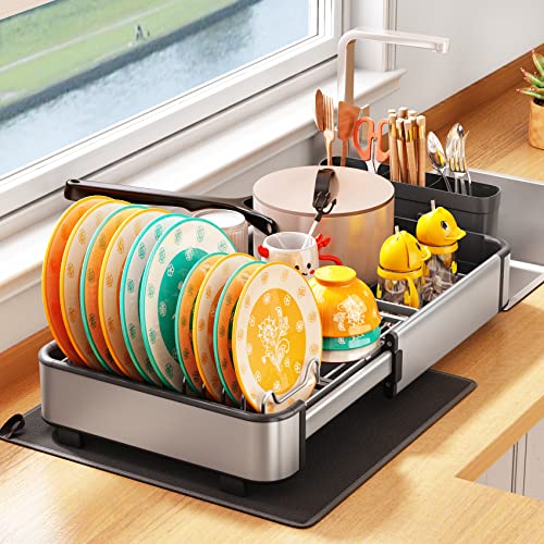 Dish Drying Rack, Kitchen Counter Dish Drainer Rack Auto-Drain, Expandable (14.8 to 22.2 inch) Rustproof Aluminium Large Sink Dish Strainer with Dish Drying Mat and Utensil Holder, Silver