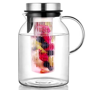 glass water pitcher, fruit infuser pitcher with removable lid, high heat resistance infusion pitcher for hot/cold water, flavor-infused beverage & iced tea – 2 qt