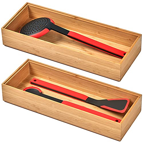 Bamboo Kitchen Drawer Organizer Boxes with Anti-Skid Silicone Feet, 2pcs Stackable Storage Bins for Kitchen Utensils & Silverware & Desk Drawer & Makeup, Tools Holder, 15”L x 6”W x 2.5”D Each