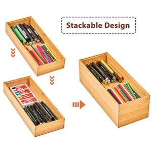 Bamboo Kitchen Drawer Organizer Boxes with Anti-Skid Silicone Feet, 2pcs Stackable Storage Bins for Kitchen Utensils & Silverware & Desk Drawer & Makeup, Tools Holder, 15”L x 6”W x 2.5”D Each